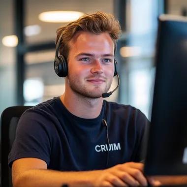 Free: Dutch man in navy office attire using laptop with headset at desk ...