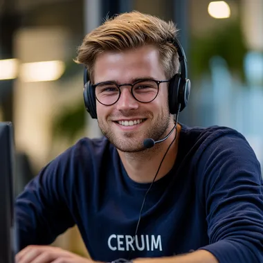 Free: Dutch man in navy office attire using laptop with headset at desk ...