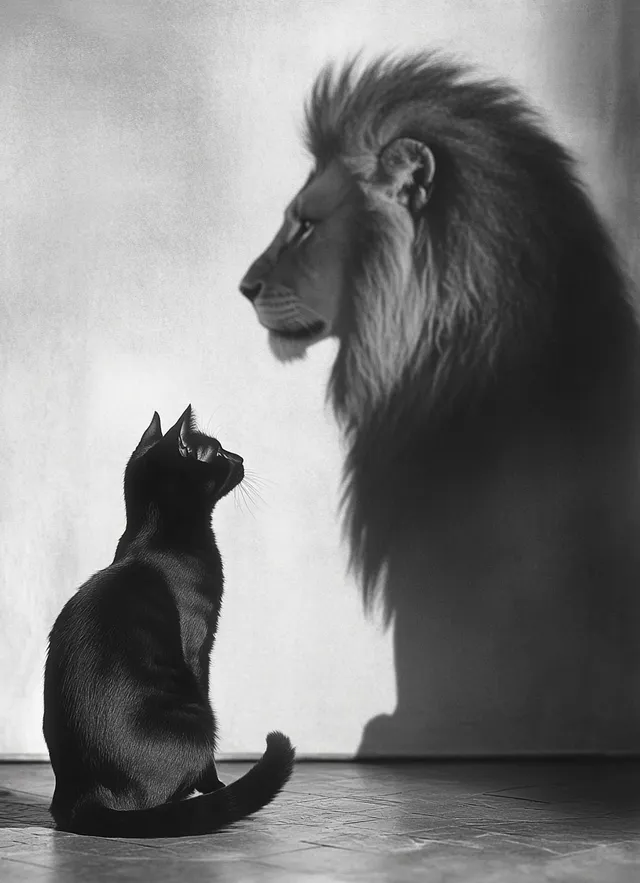 Free: Black Cat Gazes at Lion's Shadow in Surreal Studio Photography ...