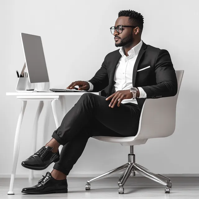 Free: Black Man in Suit at Desk with Laptop, Modern Office Background ...