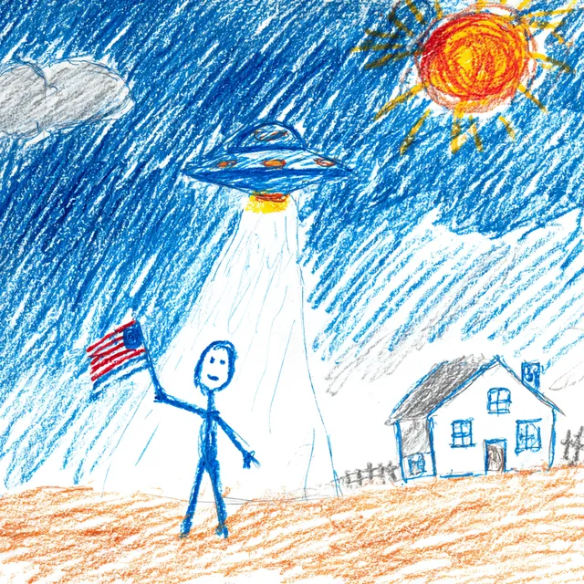 Free: Child's Crayon Drawing: Stick Figure with American Flag and UFO ...