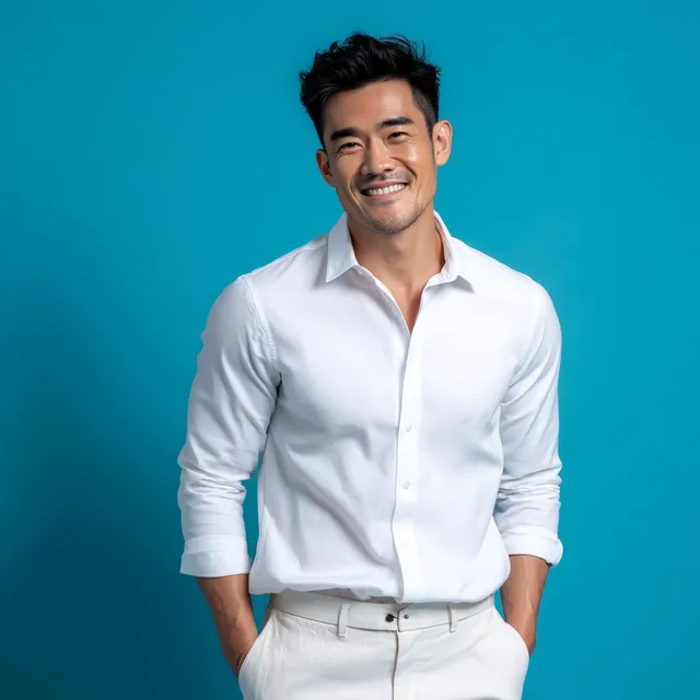 Free: Confident Thai Male Model in White Shirt Against Blue Background ...