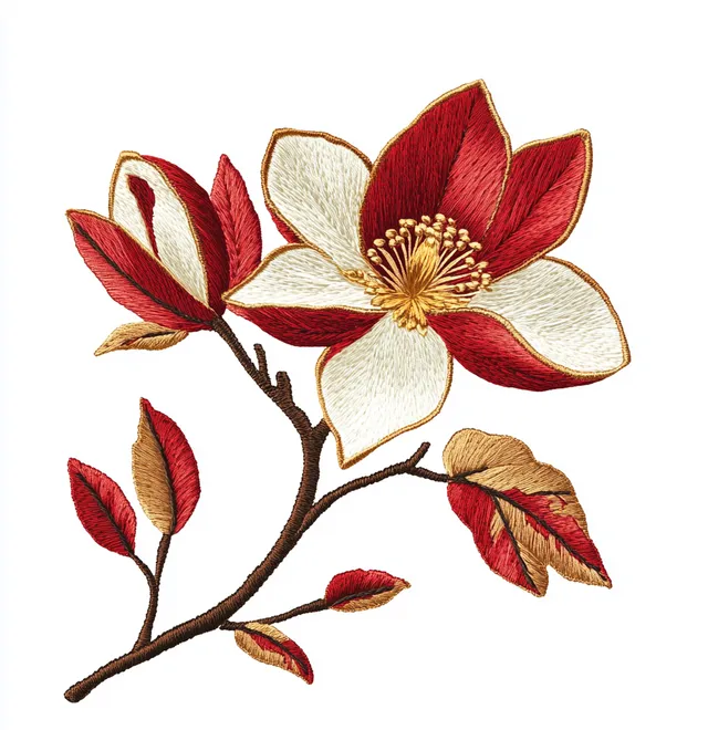 Free: Elegant Red and Gold Embroidered Magnolia Flower - nohat.cc