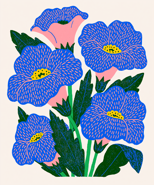 Free: Hand-Drawn Blue and Yellow Floral Illustration - nohat.cc