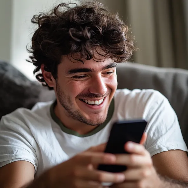 Free: Joyful man in living room smiles at new iPhone 16 on couch - nohat.cc