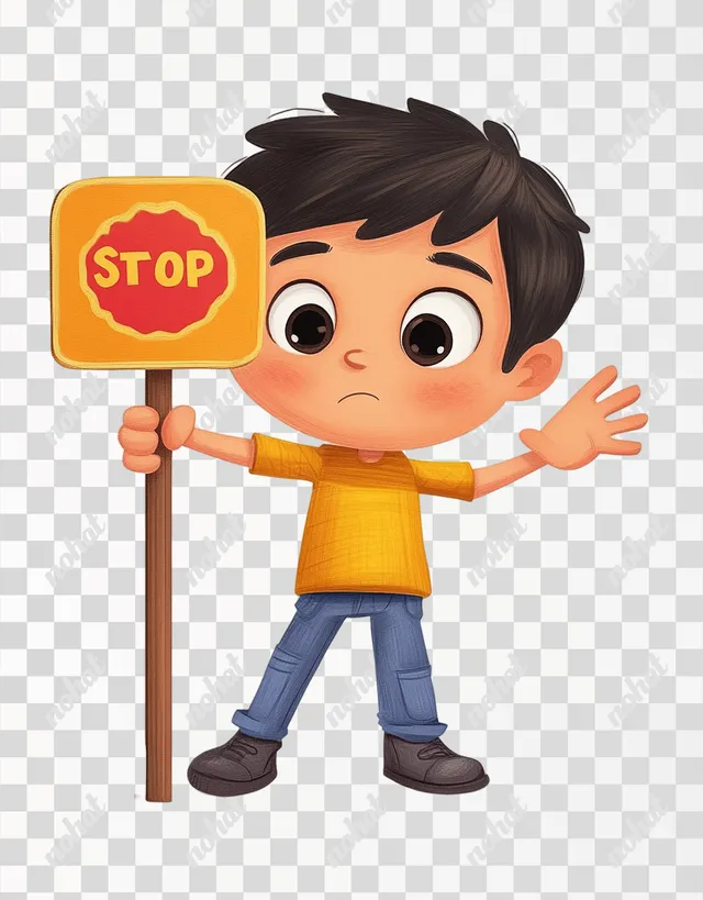 Free: PNG Cartoon boy in a city holding alert stop sign with hand ...