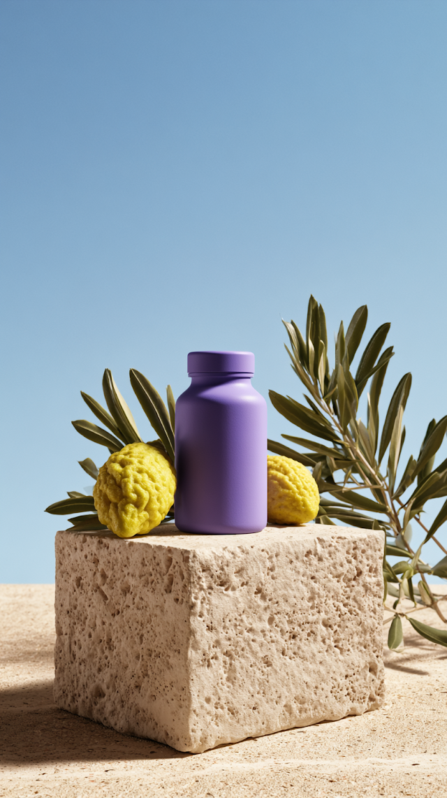 Free: Premium Purple Supplement Bottle on Natural Pedestal - nohat.cc
