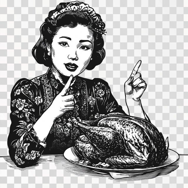 Free: Retro asian woman presenting roasted turkey to the side, one ...