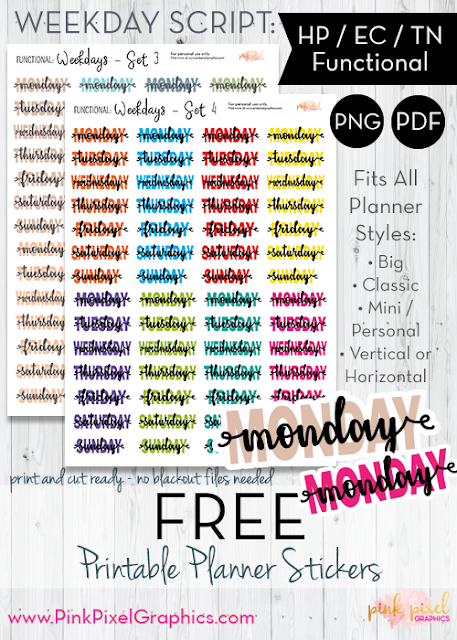 Free: Weekday Script Planner Stickers - Sets 3-4 | Pink Pixel Graphics ...