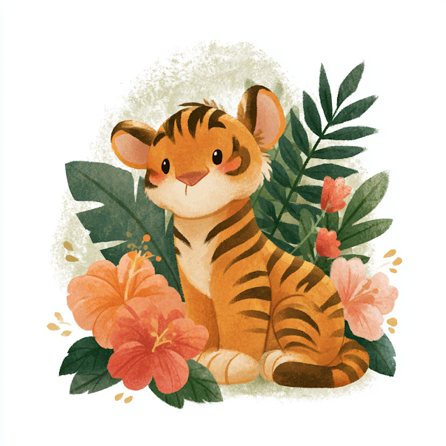 Free: Whimsical Baby Tiger Cub Among Tropical Flowers - nohat.cc