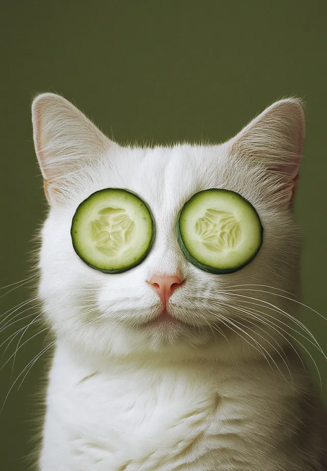 Free: White Cat Relaxing with Cucumber Slices on Eyes in Olive Room ...