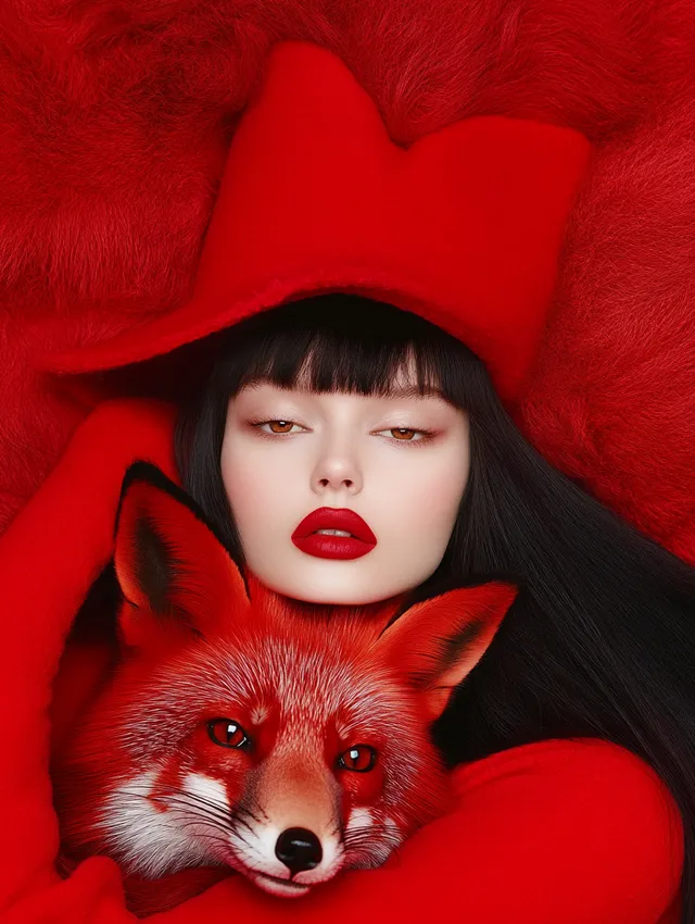 Free: Woman with Long Black Hair in Red Outfit with Red Fox in Urban ...