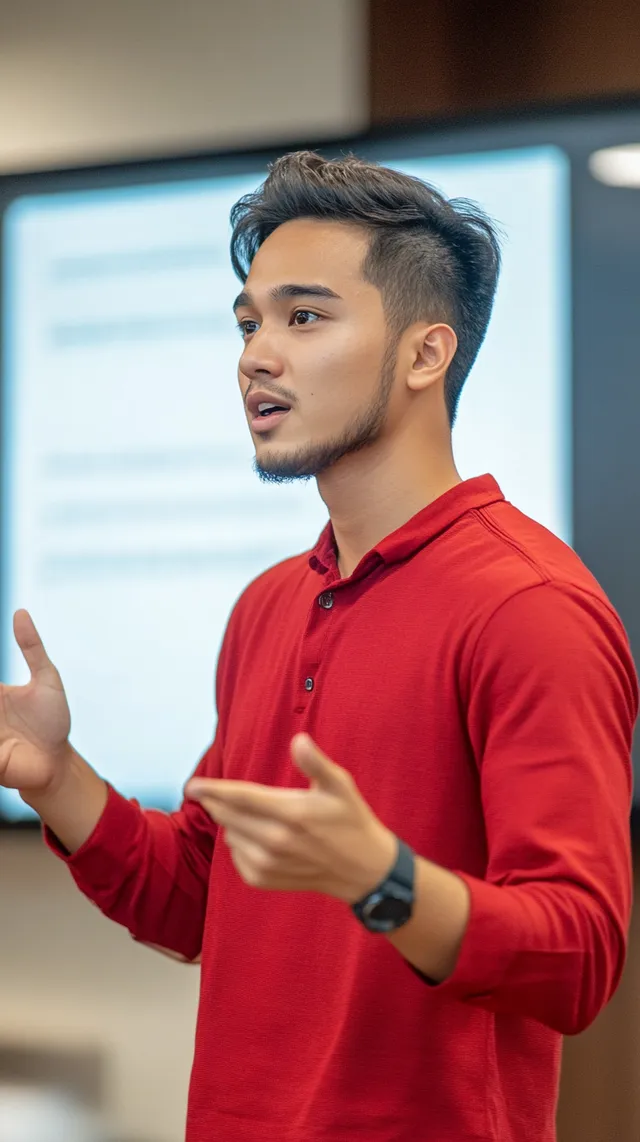 Free: Young Indonesian Gen Z man in red shirt presenting confidently ...